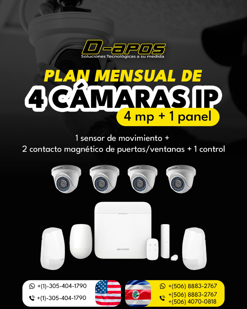 Plan mensual de 4 Cámaras IP 4 MP + 1 Panel, 1 Sensor Movimiento, 2 Contacto Magnético de ...